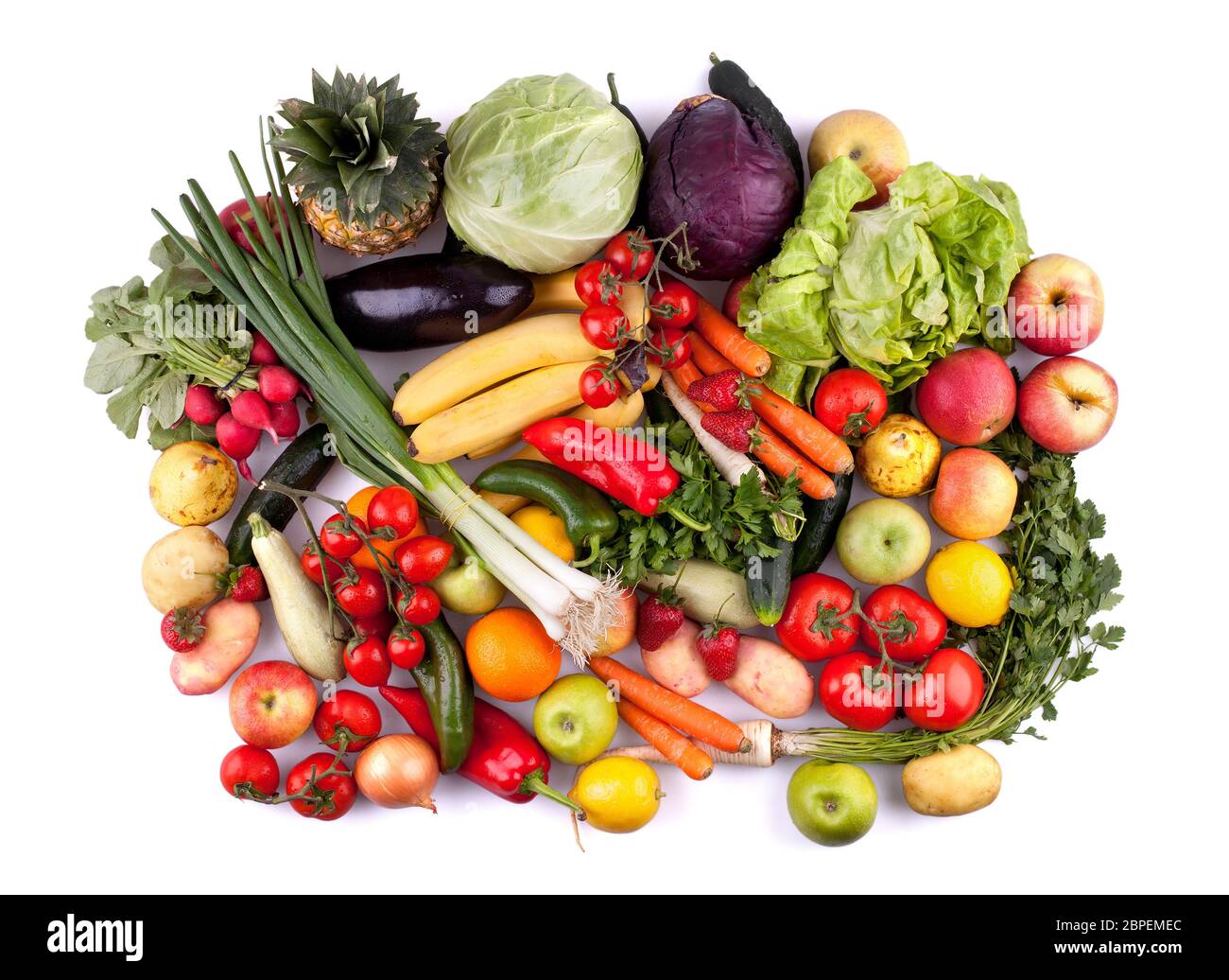 Top view of fruits and vegetables isolated on white background Stock ...