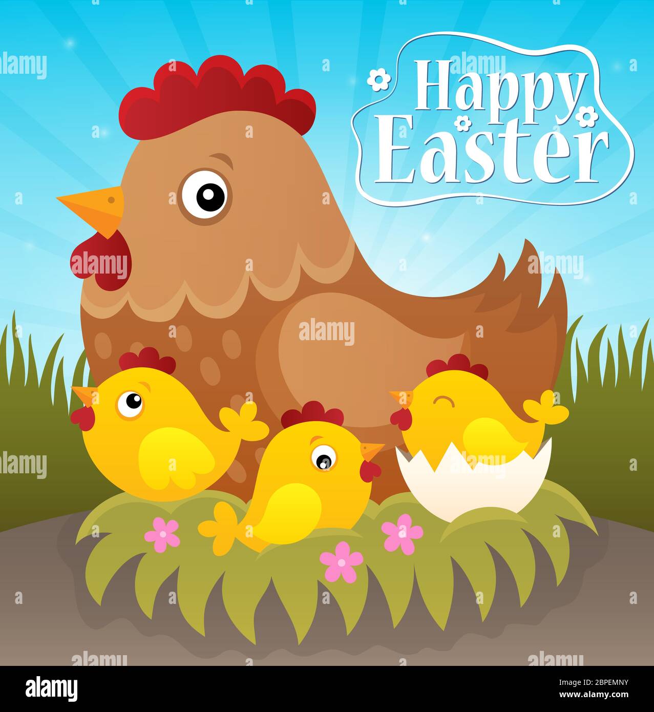 Happy Easter theme with hen and chickens - picture illustration Stock ...