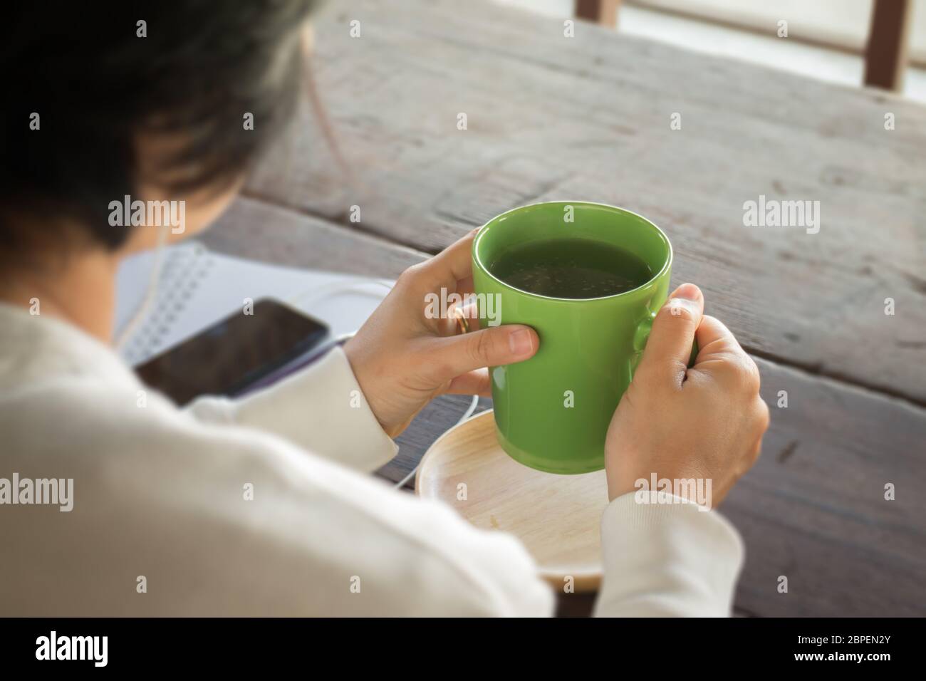 Working creative table and hot green tea drinking, stock photo Stock ...