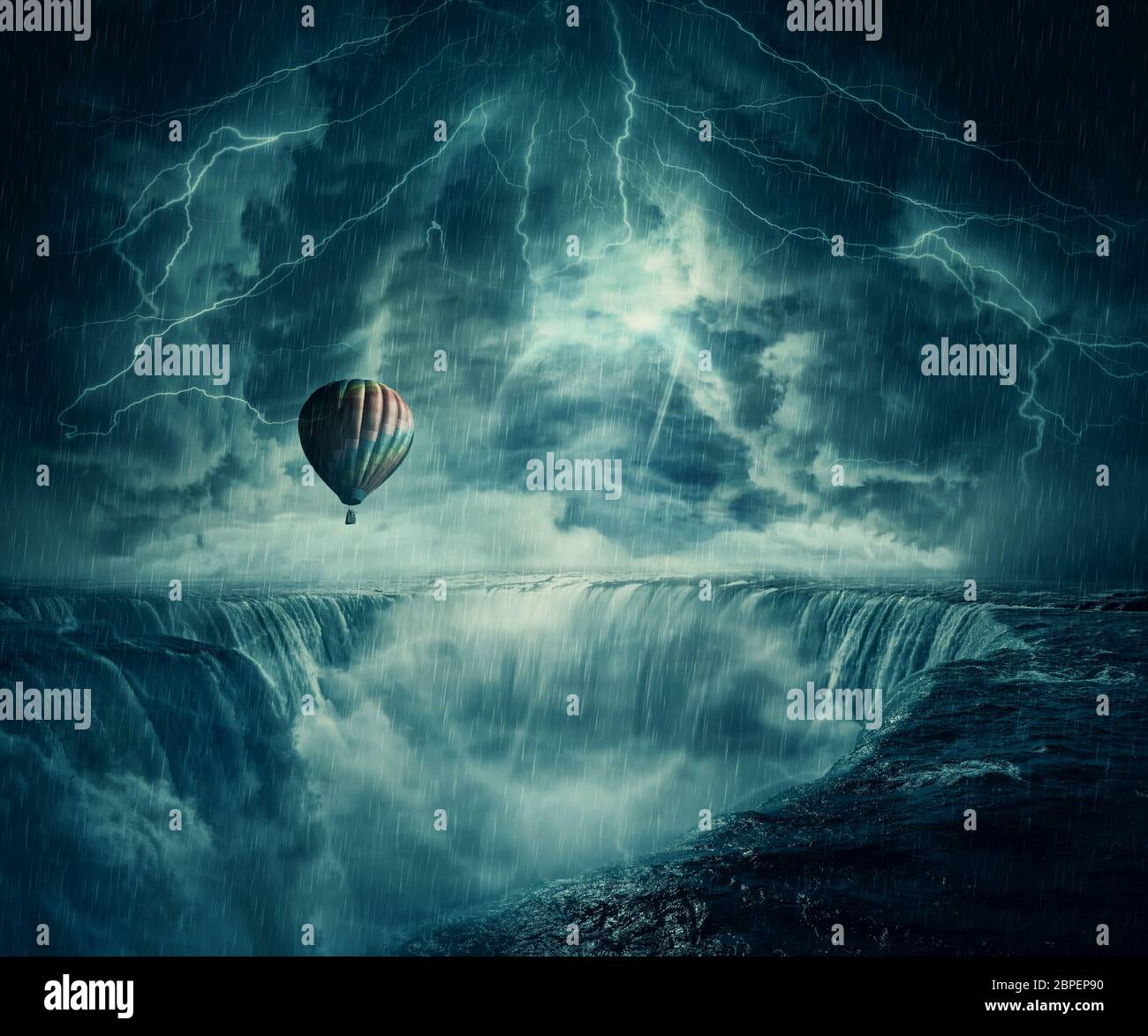 Inspirational imaginary view, scary landscape as a hot air balloon fly ...