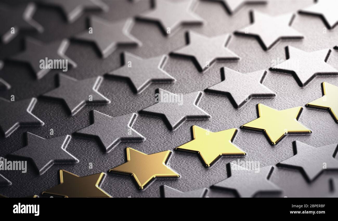 Many stars in relief on black paper background with focus on five ...