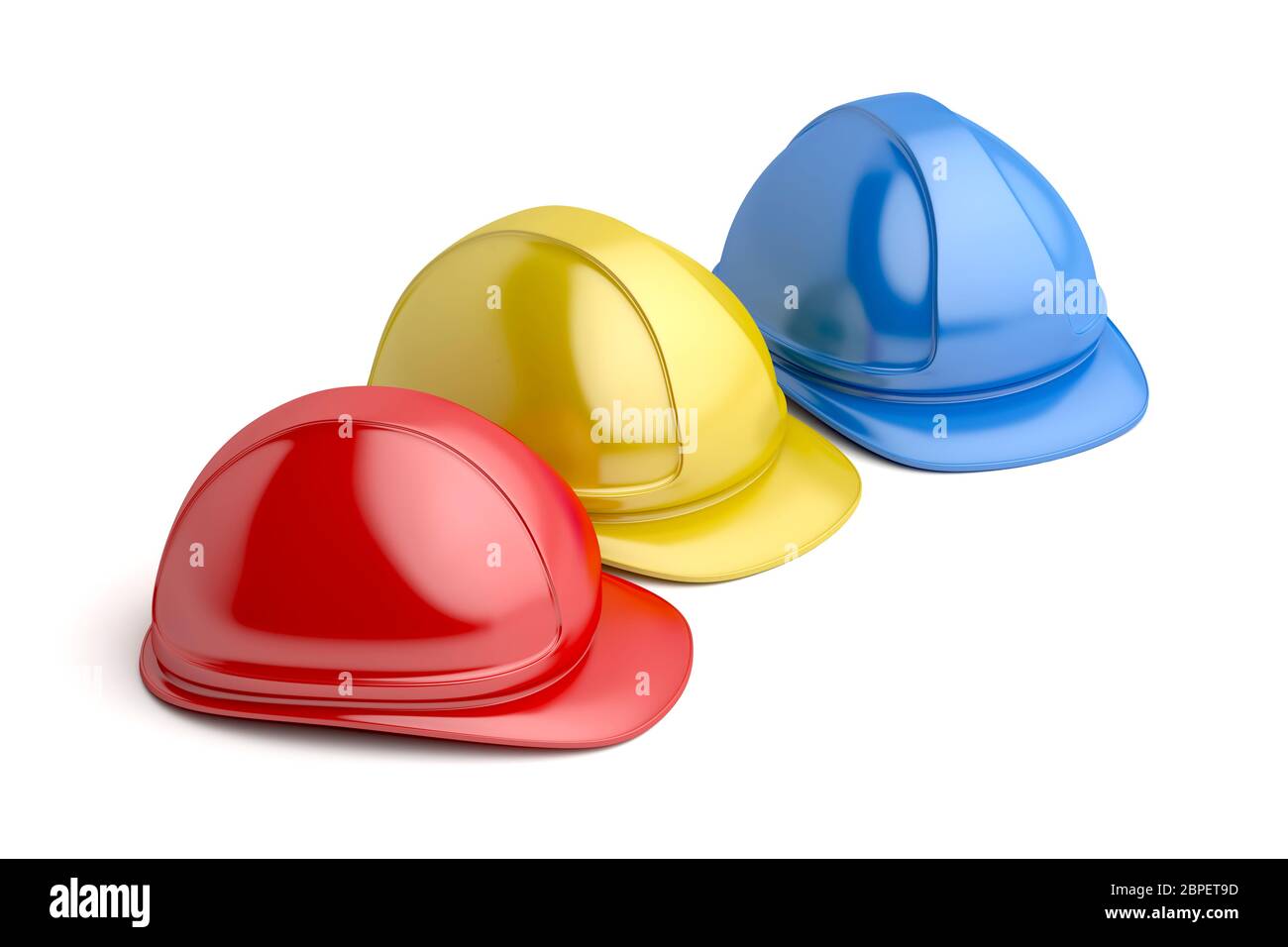 Three safety helmets with different colors on white background Stock ...