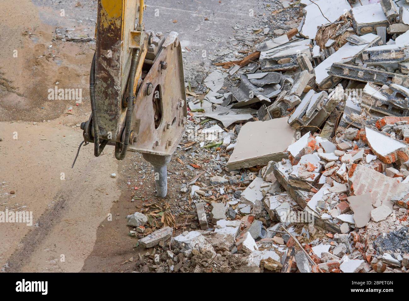 Demolition of an industrial building and drill concrete machine Stock ...