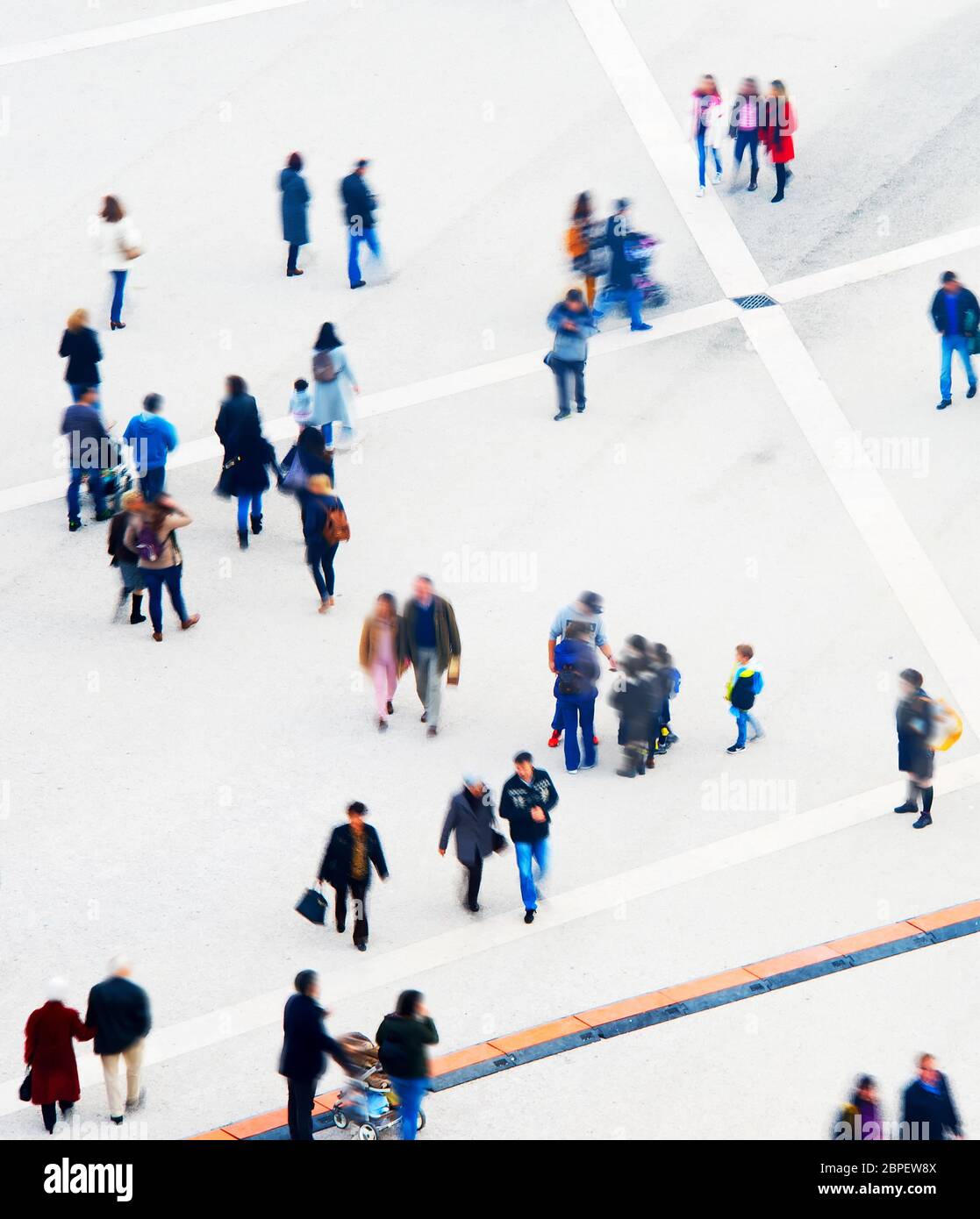 Crowd of people at a public square. Long exposure. Aerial view Stock ...
