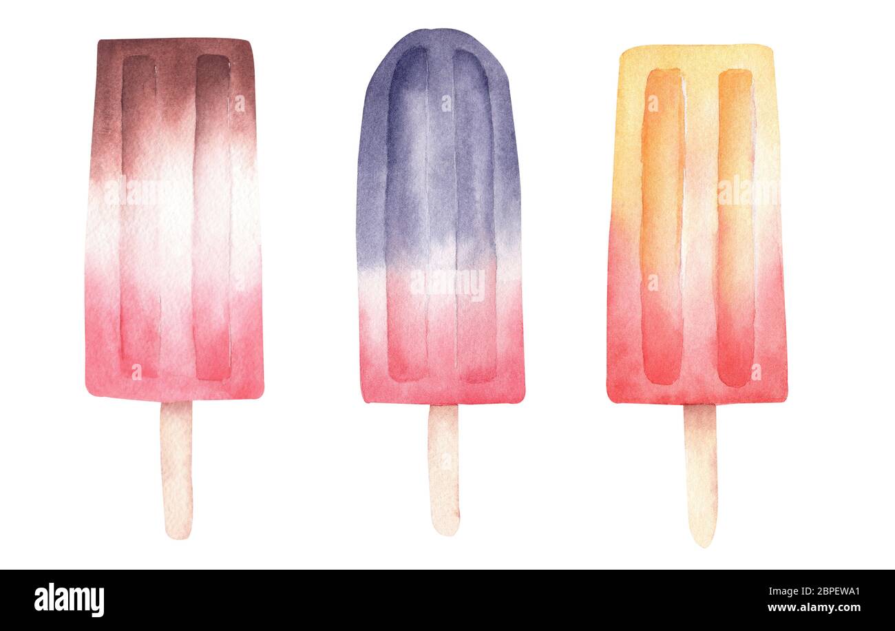 Watercolor popsicles clipart isolated on white background. Summer sweet ...