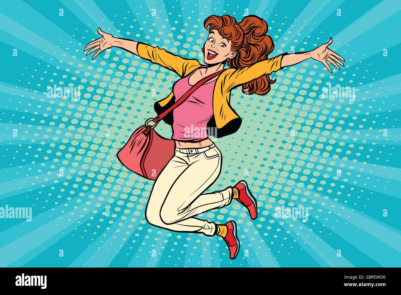 young woman jumping, lifestyle. Pop art retro comic book vector ...
