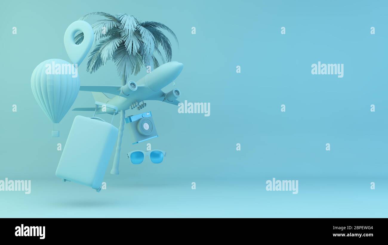 Travel elements concept 3d rendering in blue Stock Photo - Alamy