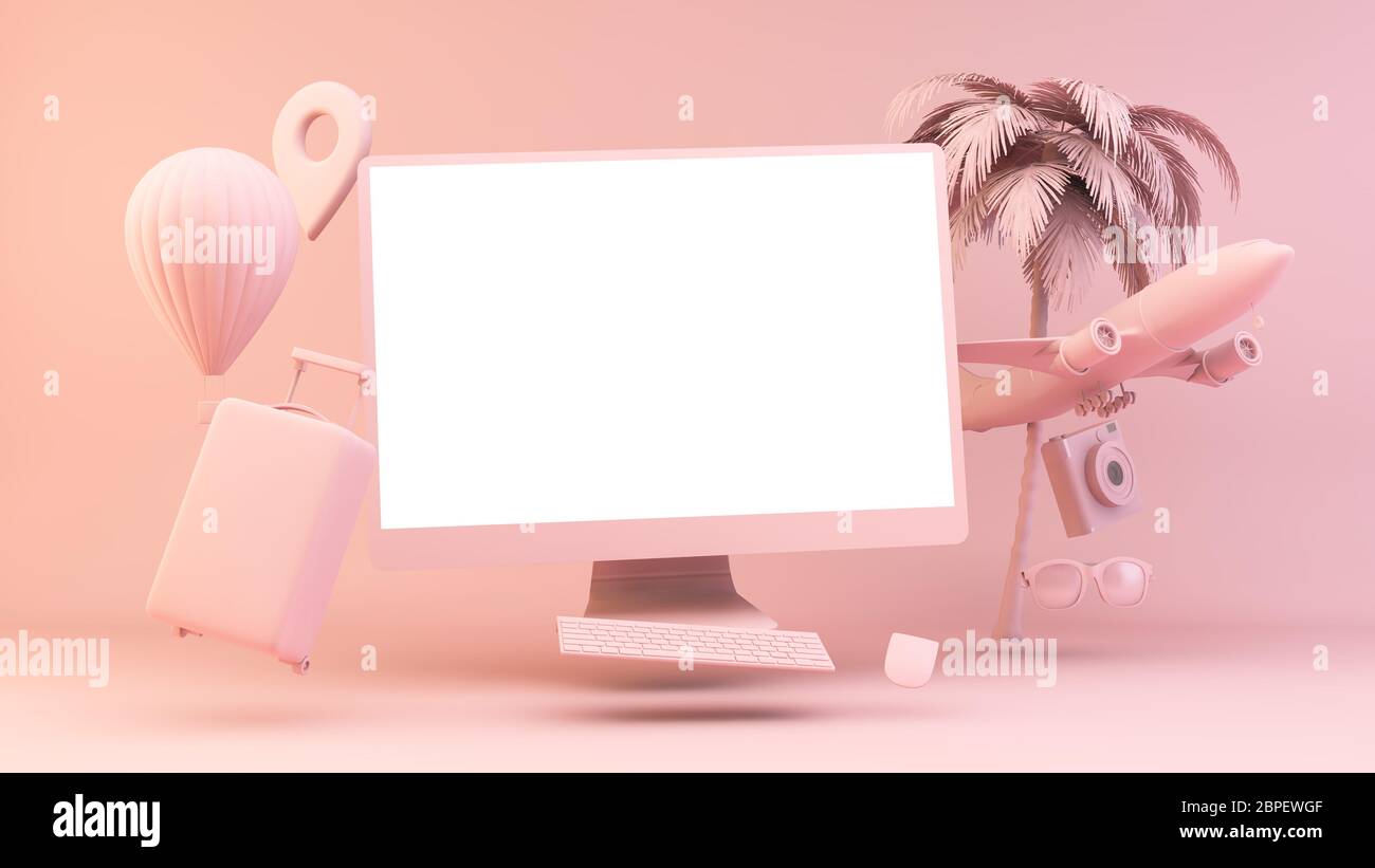 Minimal pink computer with travel concept objects floating 3d rendering ...