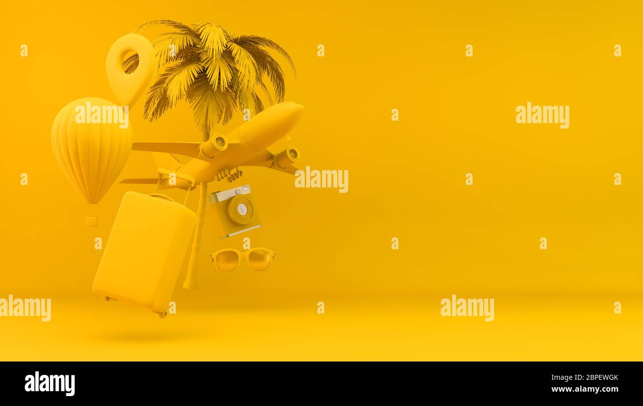 Travel objects concept in yellow 3d rendering Stock Photo - Alamy
