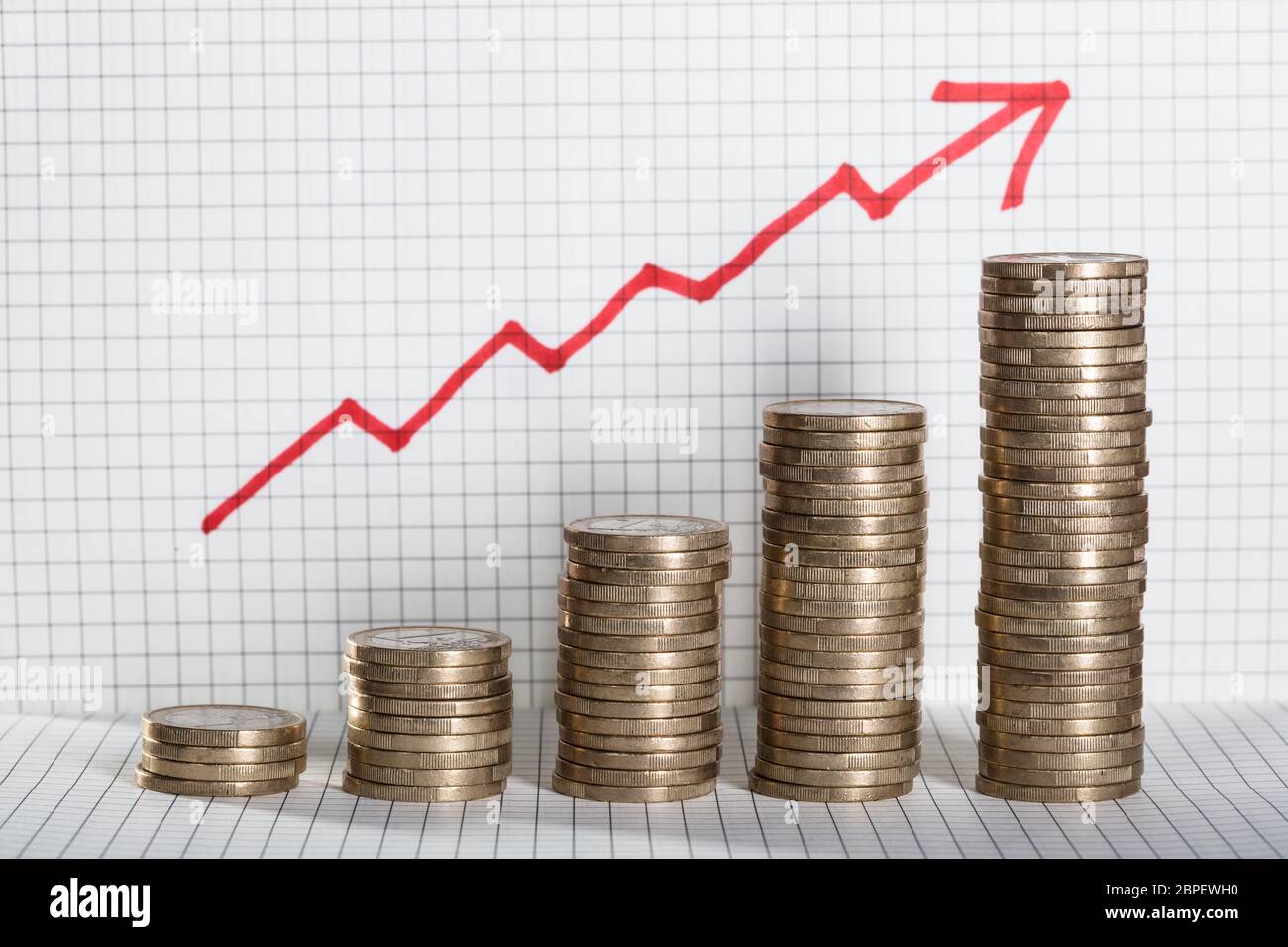 Increasing Piles Of Coins With Going Up Red Arrow On Square Pattern ...