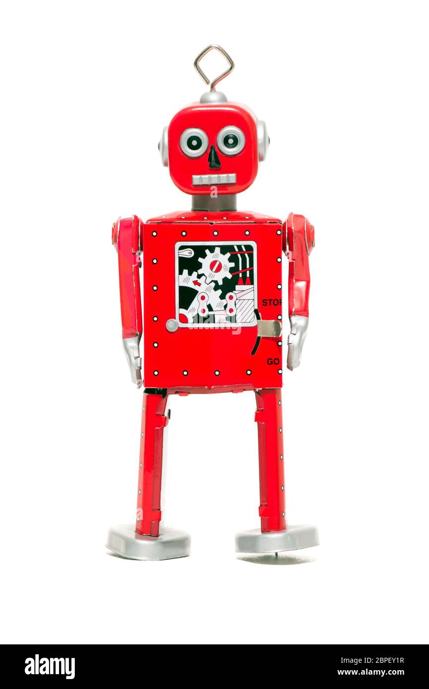 Vintage retro red tin toy robot isolated on a white background Stock ...