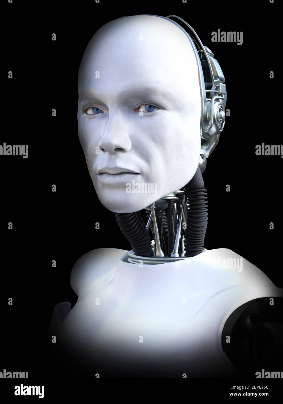 Face portrait of a male robot, 3D rendering. Black background Stock ...