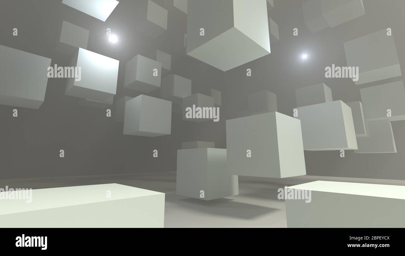 Abstract white flying cubes in fog warehouse space 3d render Stock ...