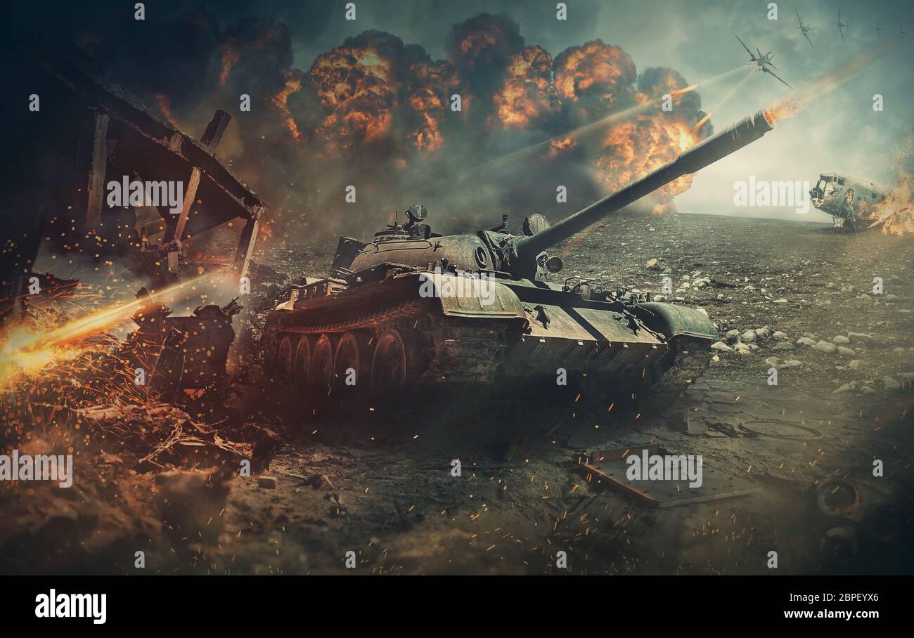 Battlefield actions, different military warships gunfire. Fighter jets ...