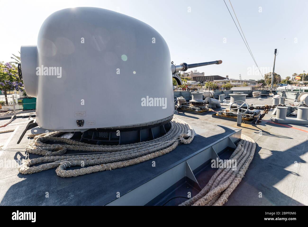 Modern naval main gun mounted on the maritime action warship use for ...