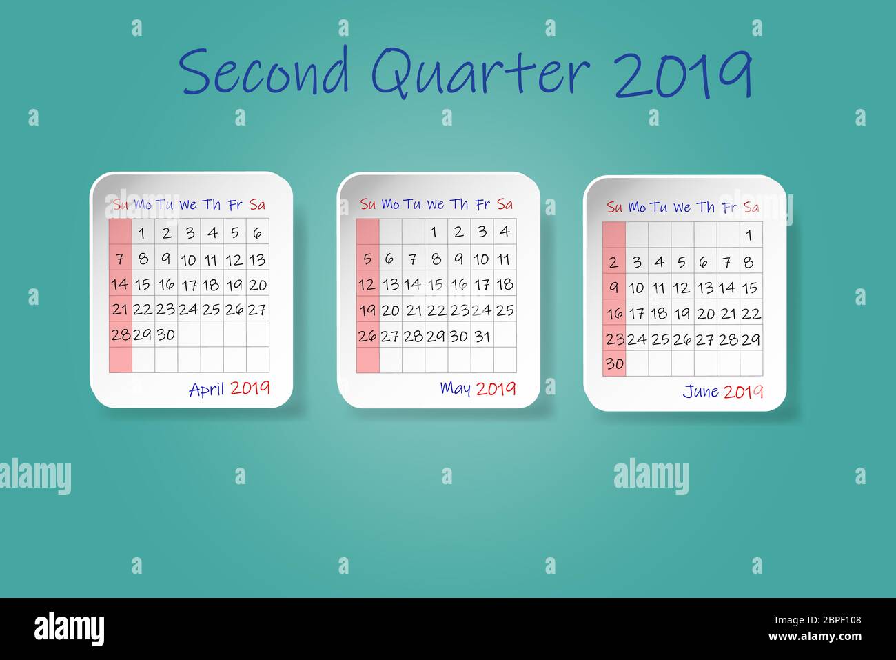 Calendar for second quarter of 2019 year. Week start Sunday. All on the ...