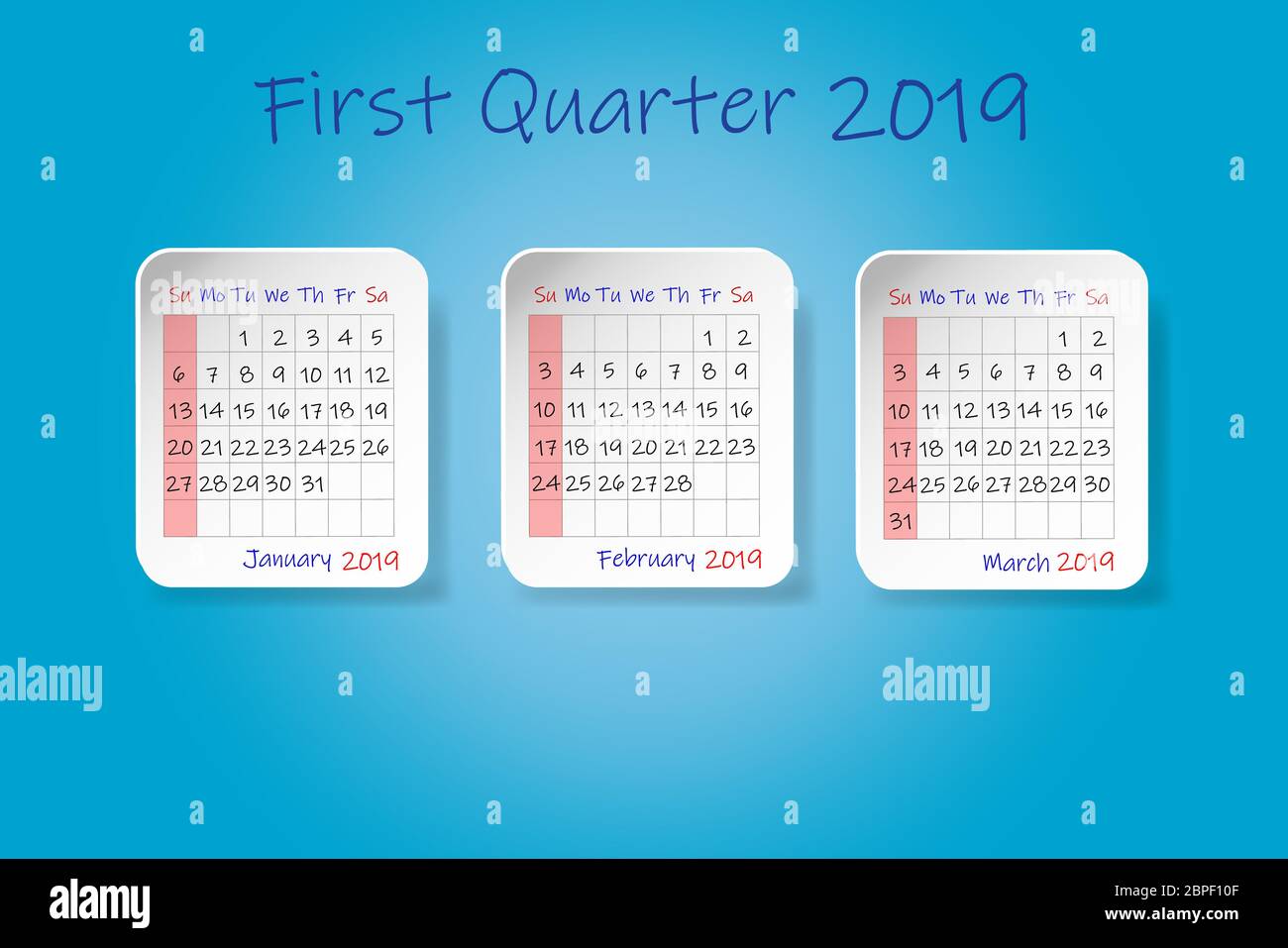 Calendar for first quarter of 2019 year. Week start Sunday. All on the ...