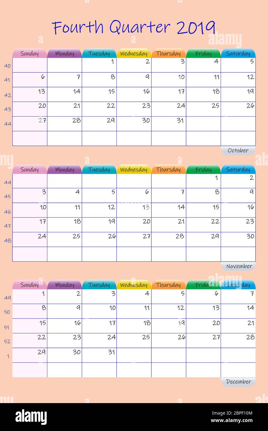 Vertical calendar for fourth quarter of 2019 year with weekly planner ...