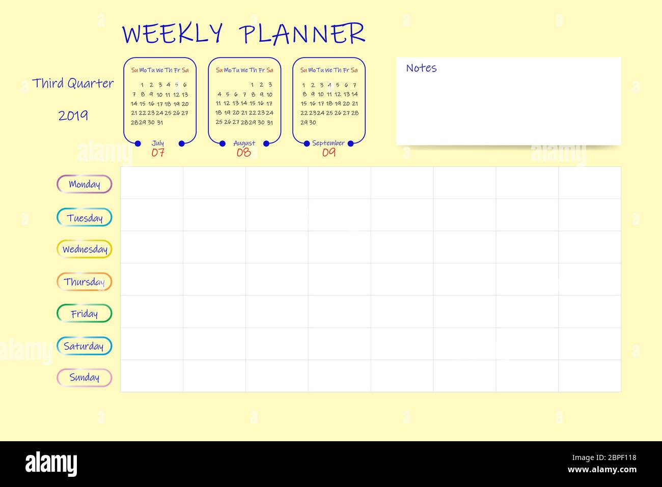 Calendar for third quarter of 2019 year with weekly planner chart and ...