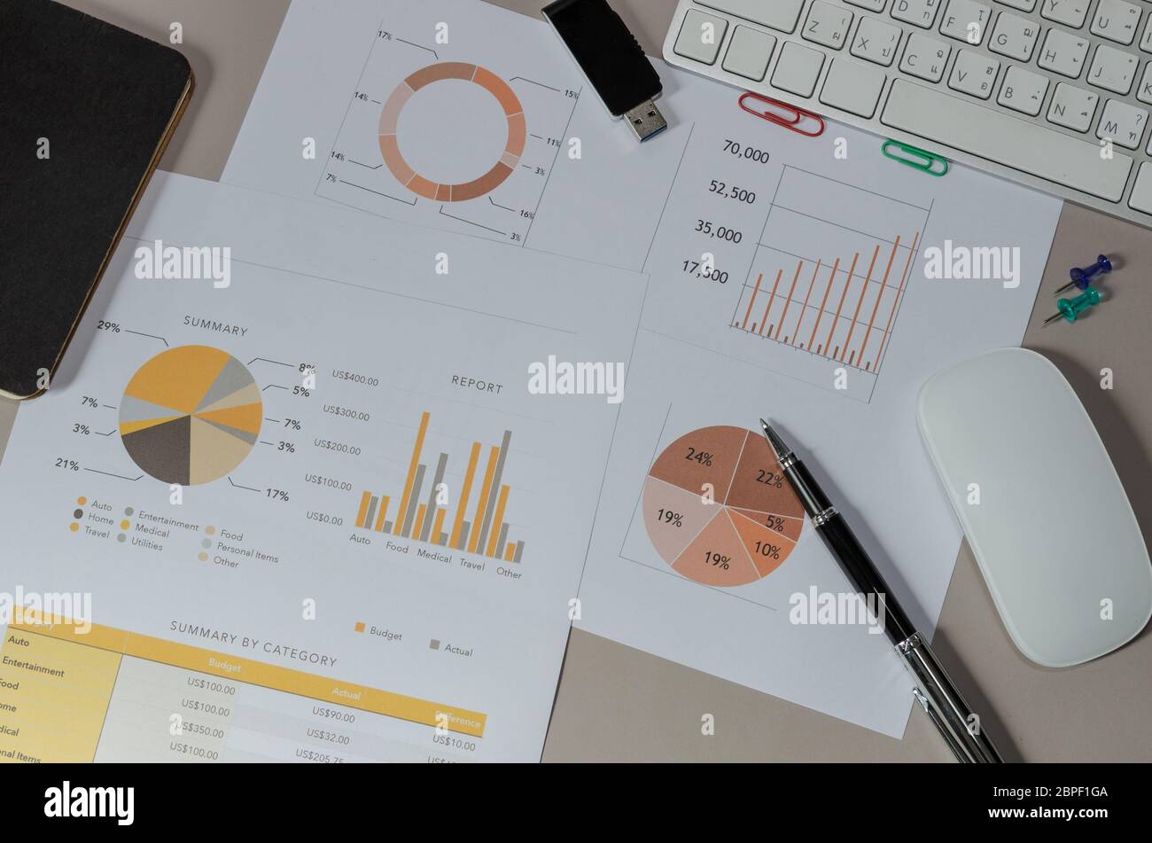 graphs and chart with computer and mouse on table Stock Photo - Alamy