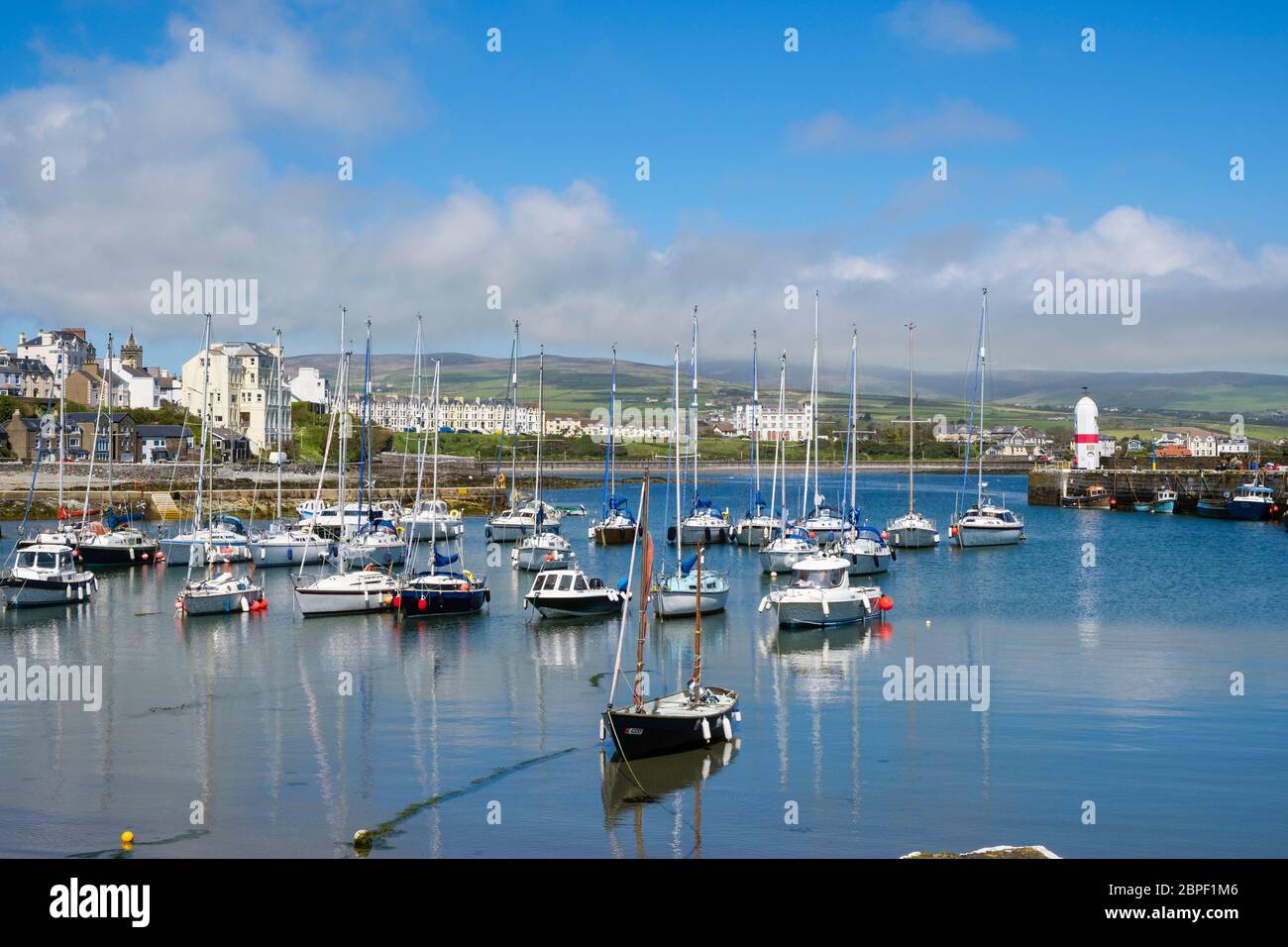 Boats moored in harbour at Port St Mary, Isle of Man, British Isles ...