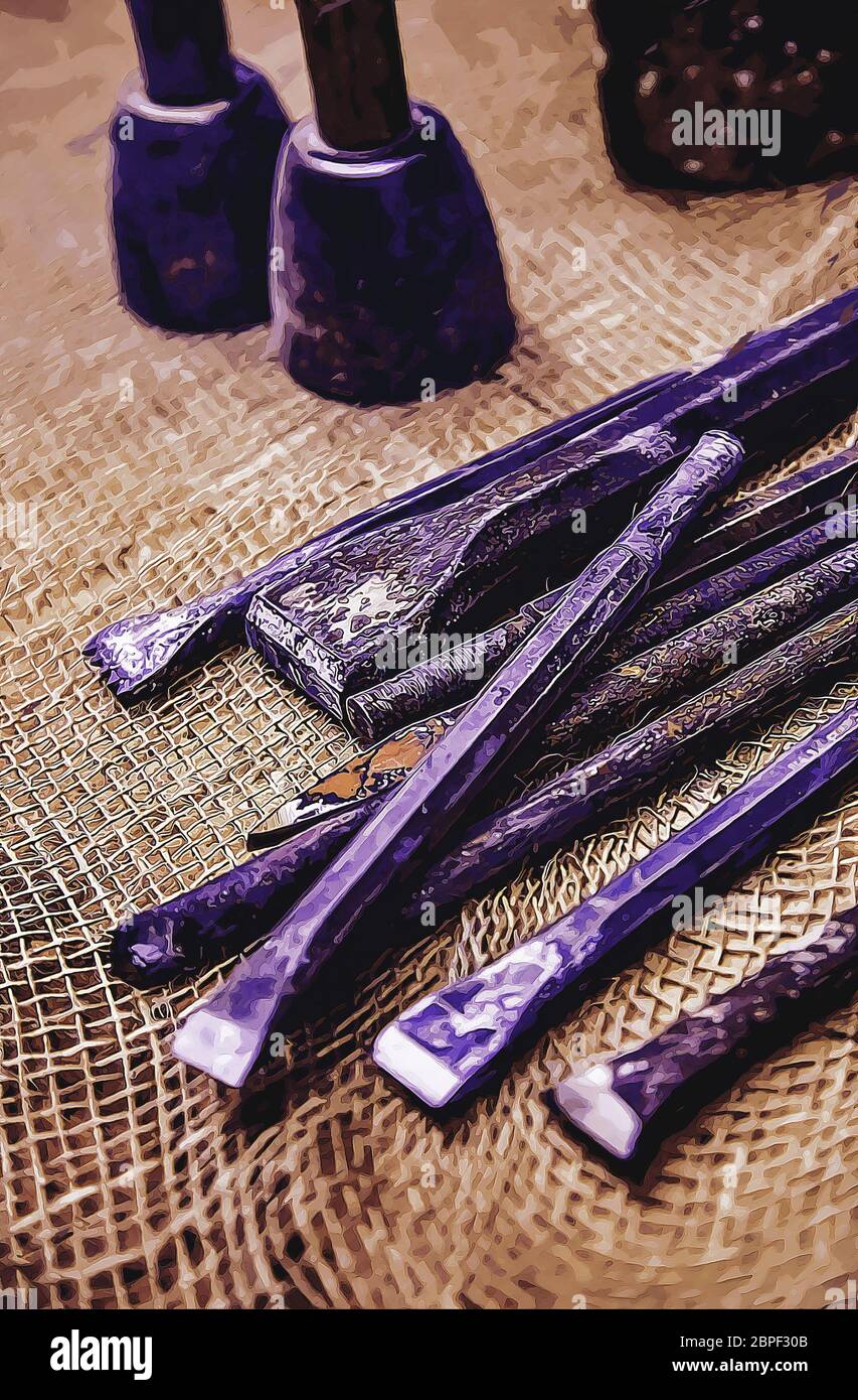 Old tools for carving stone of handmade way, detail of old manual craft ...