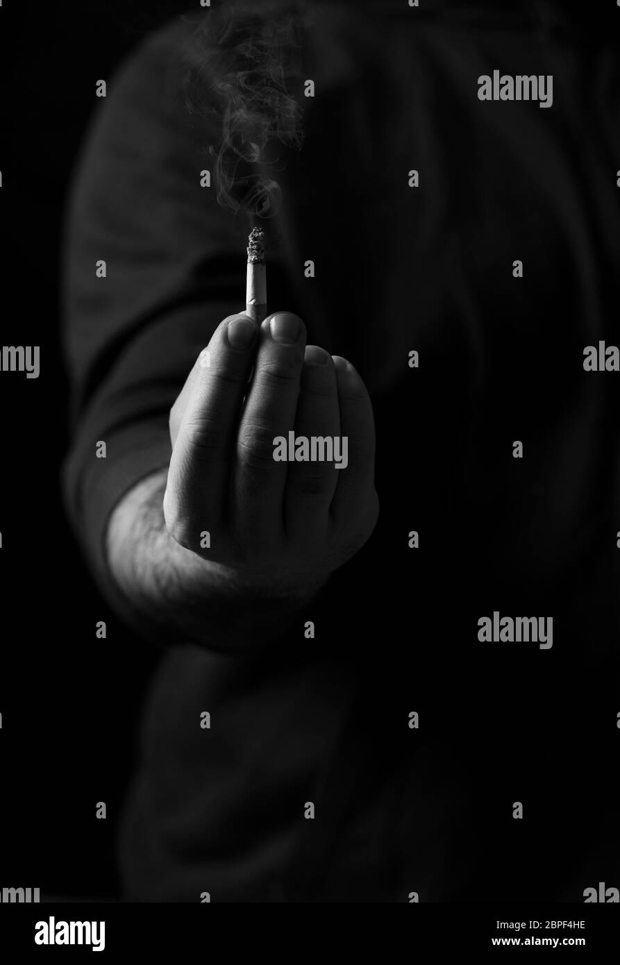 Smoking cigar in a man's hand. Quit smoking concept. Monochrome image ...