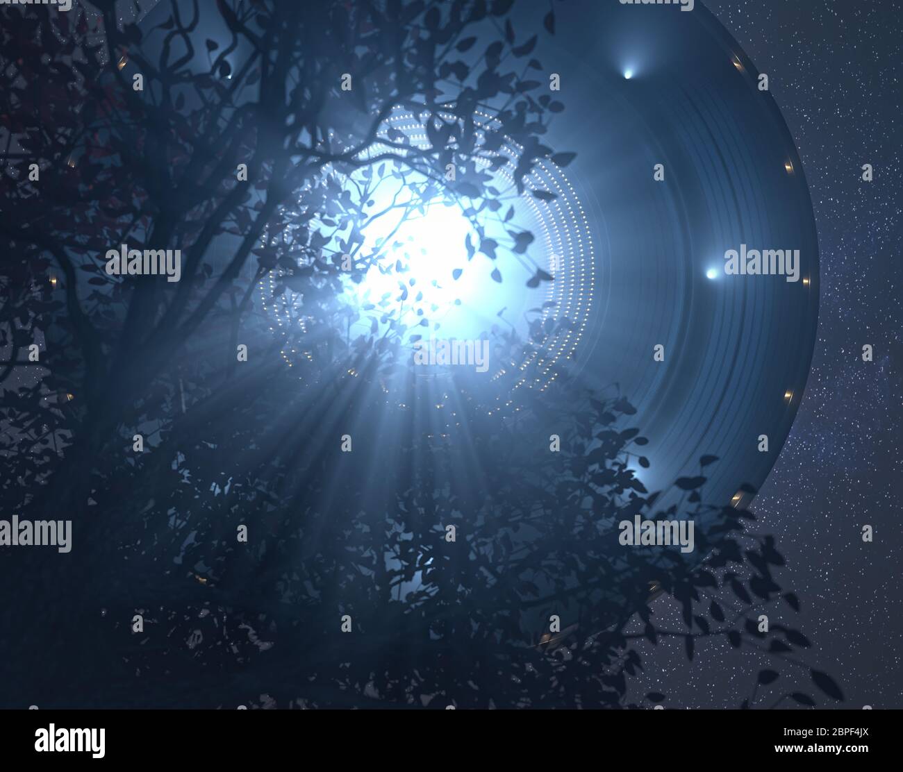 Unidentified flying object - UFO, flying over the trees. Concept of ...