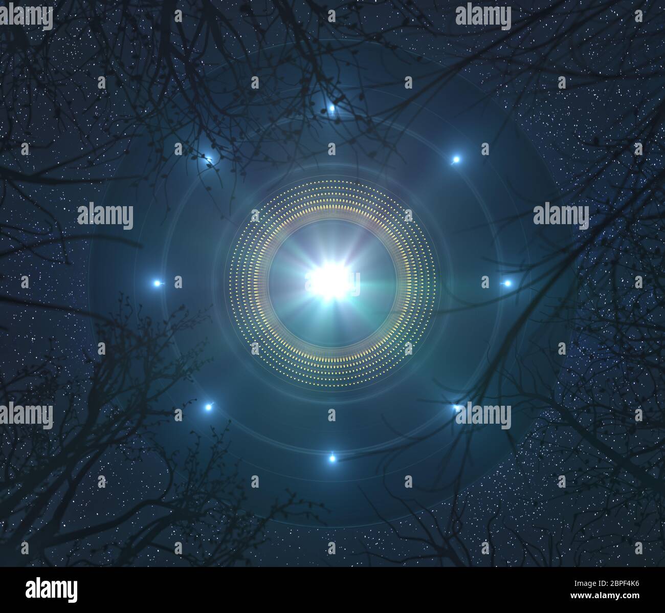 Unidentified flying object - UFO, flying over the trees. Concept of ...