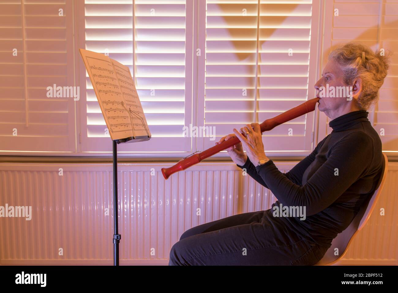 Seated woman with music stand playing woodwind bass recorder against ...