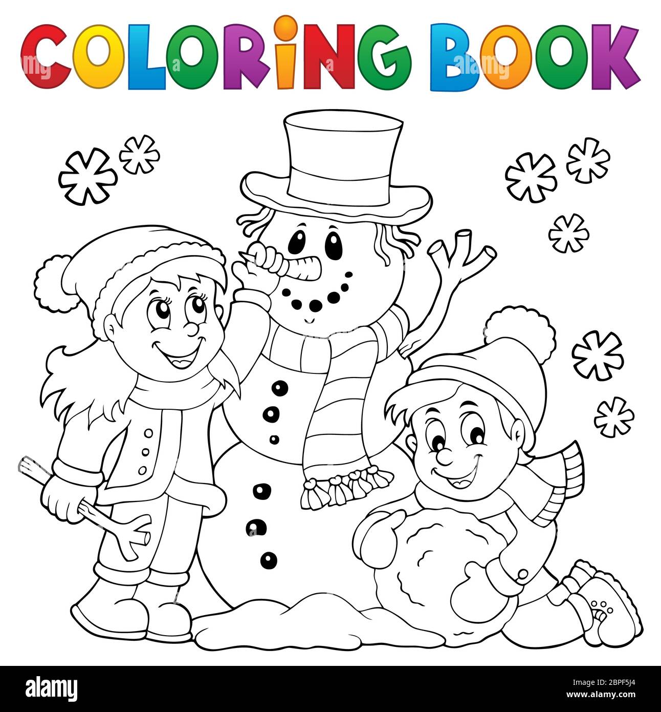 Coloring book kids building snowman 1 - picture illustration Stock ...