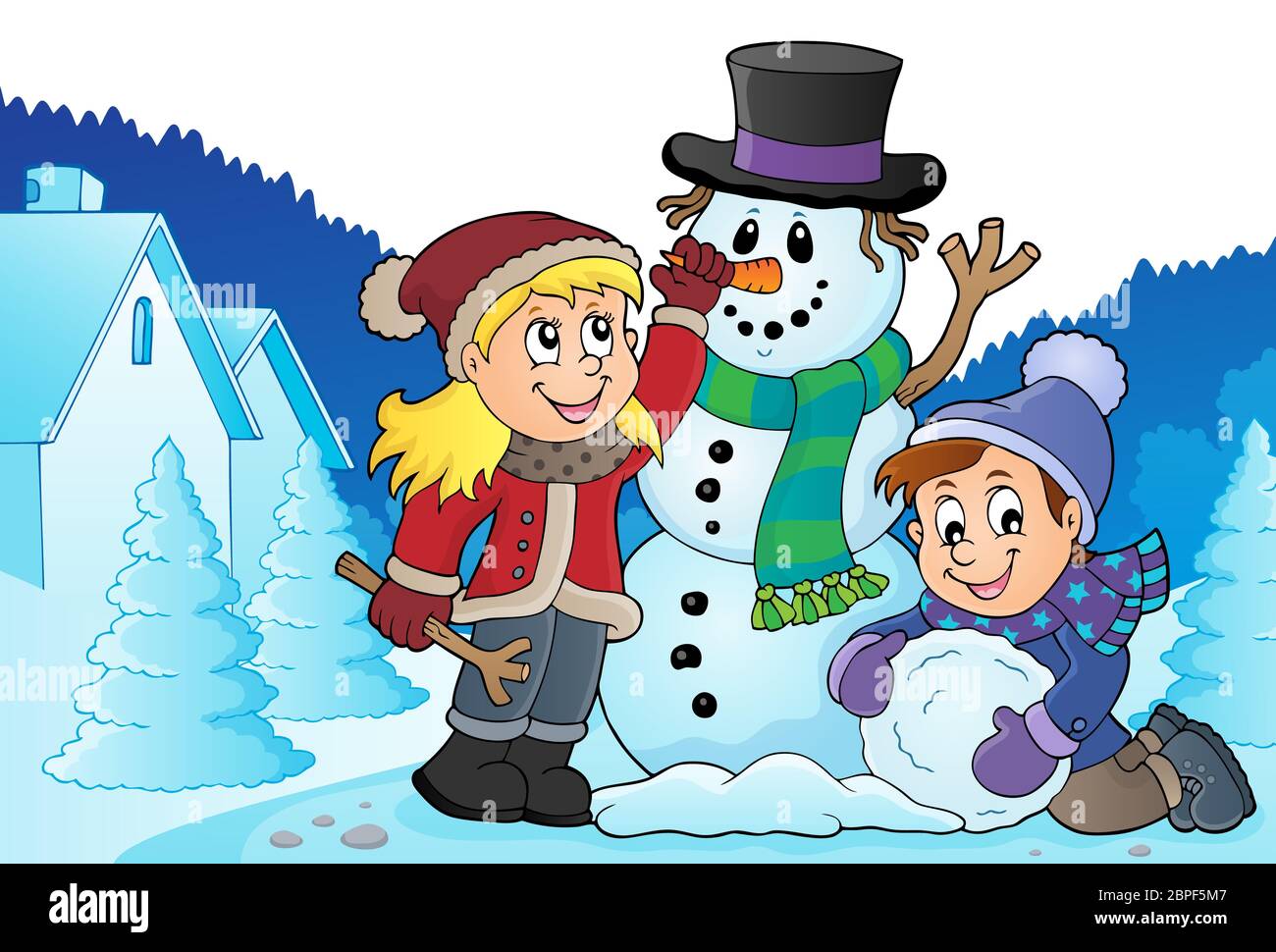 Kids building snowman theme image 3 - picture illustration Stock Photo ...