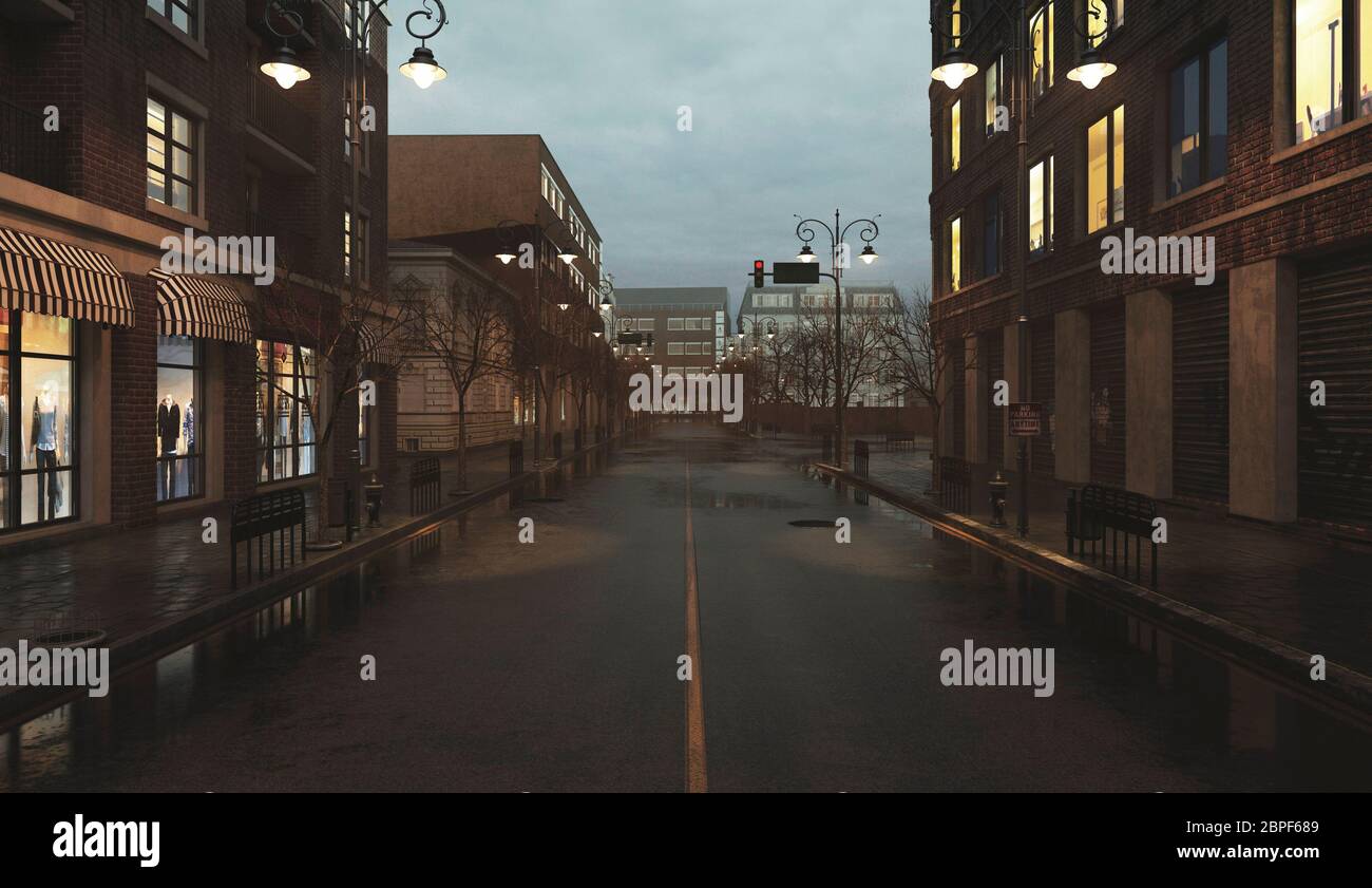 3D illustration evening city landscape empty streets Stock Photo - Alamy