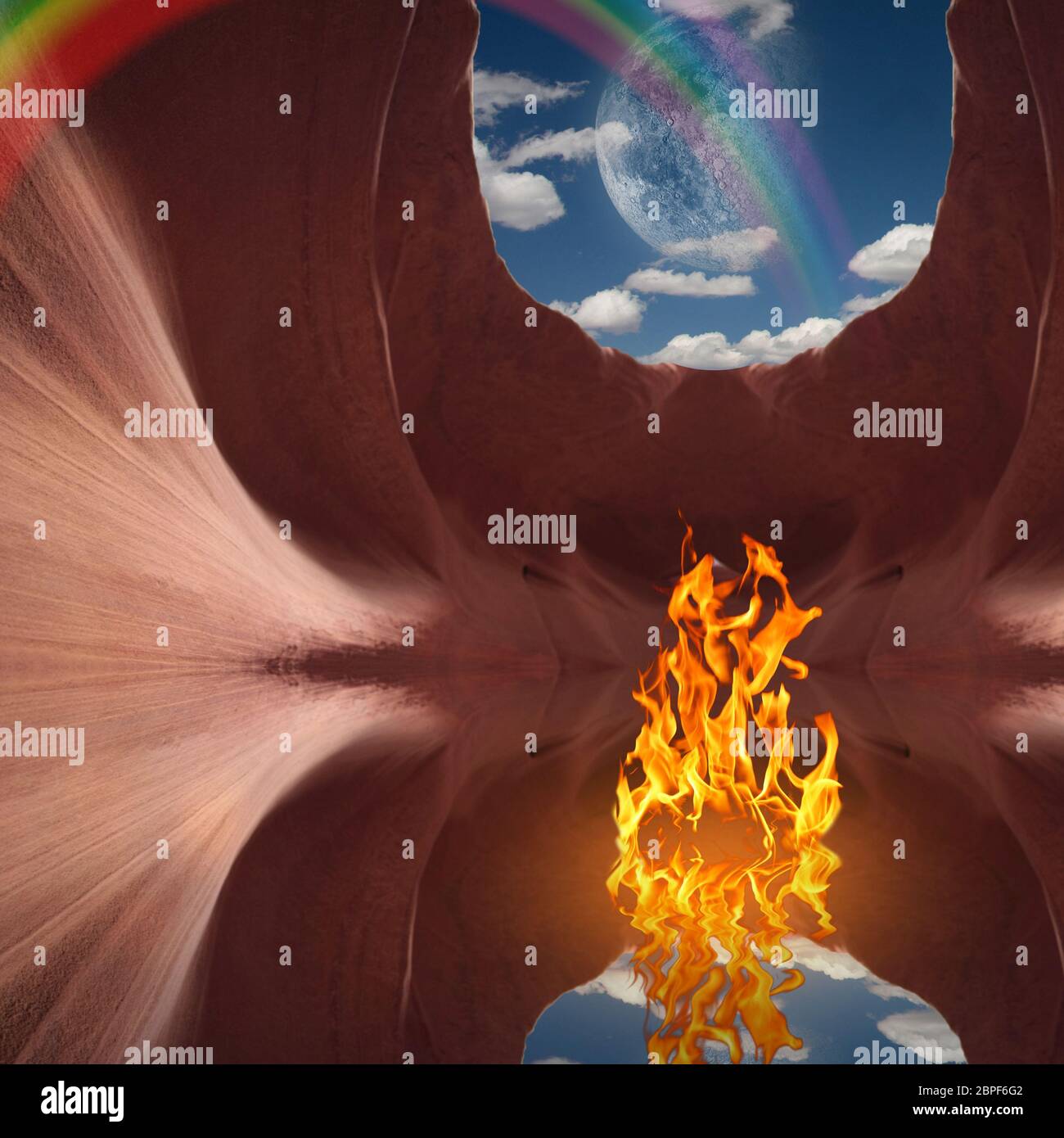Fire in red cave. Full moon and rainbow in the sky. 3D rendering Stock ...