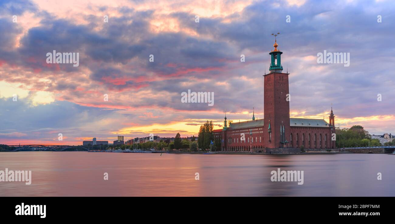 Panorama of Stockholm City Hall or Stadshuset at sunset in the Old Town ...