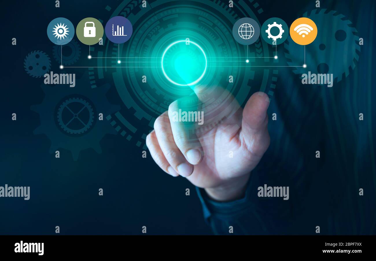Hand click on virtual touchscreen button. Hand pressing modern buttons ...