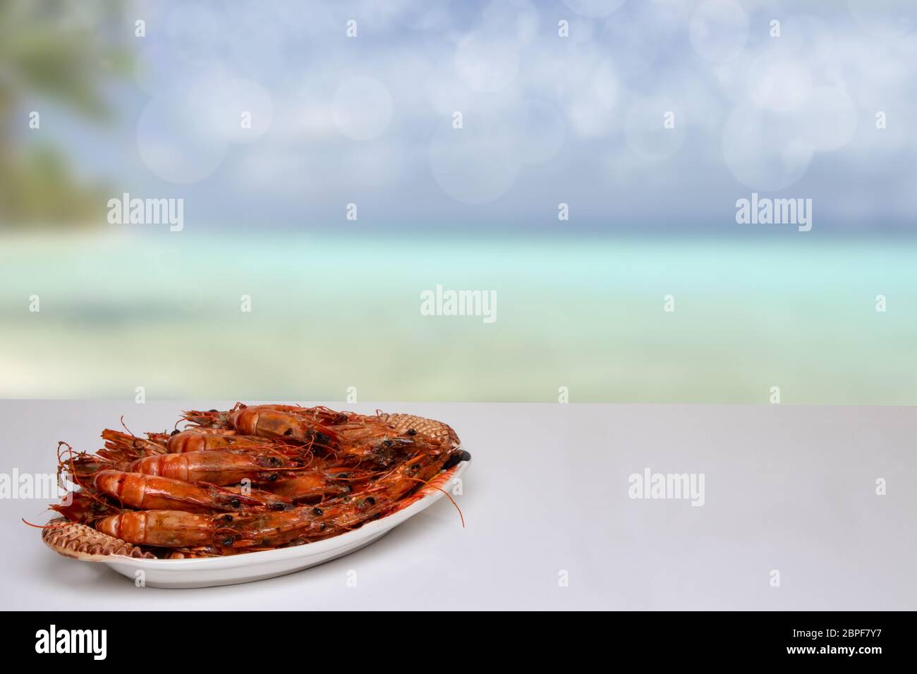 Table top on seafood background. Fresh grilled big prawn tiger or ...