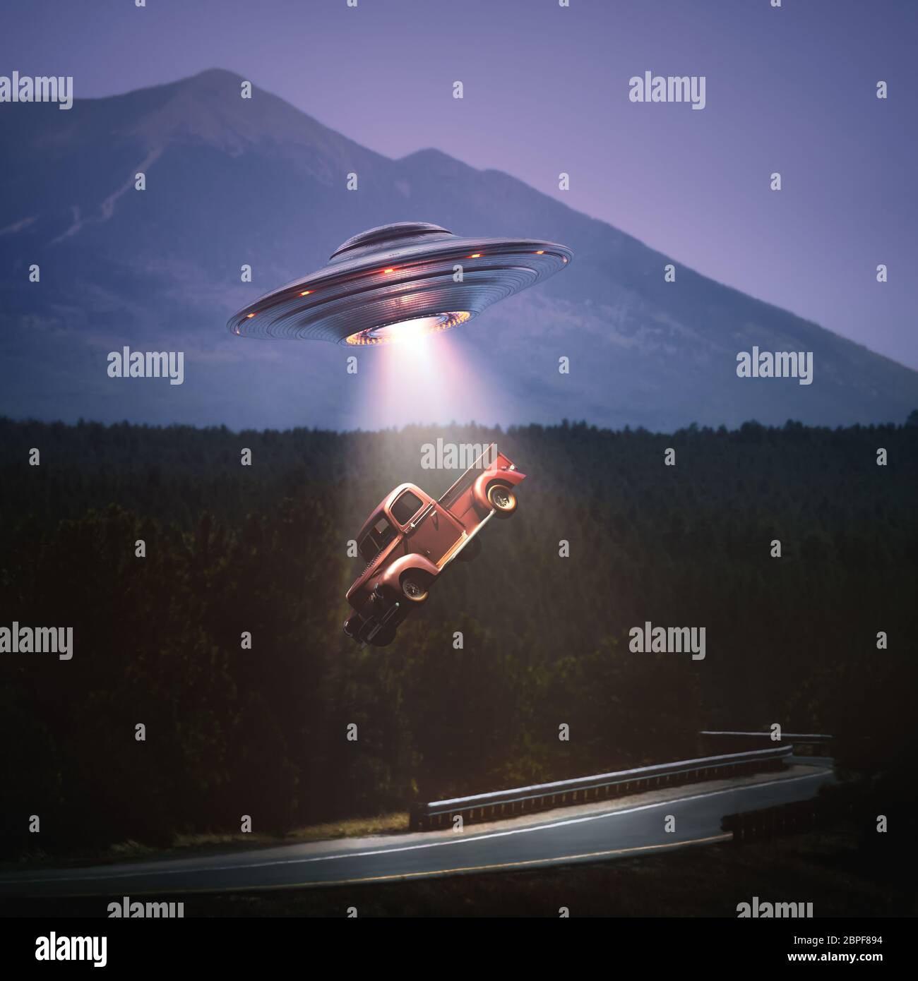 Unidentified flying object lifting a car from road. Concept of alien ...