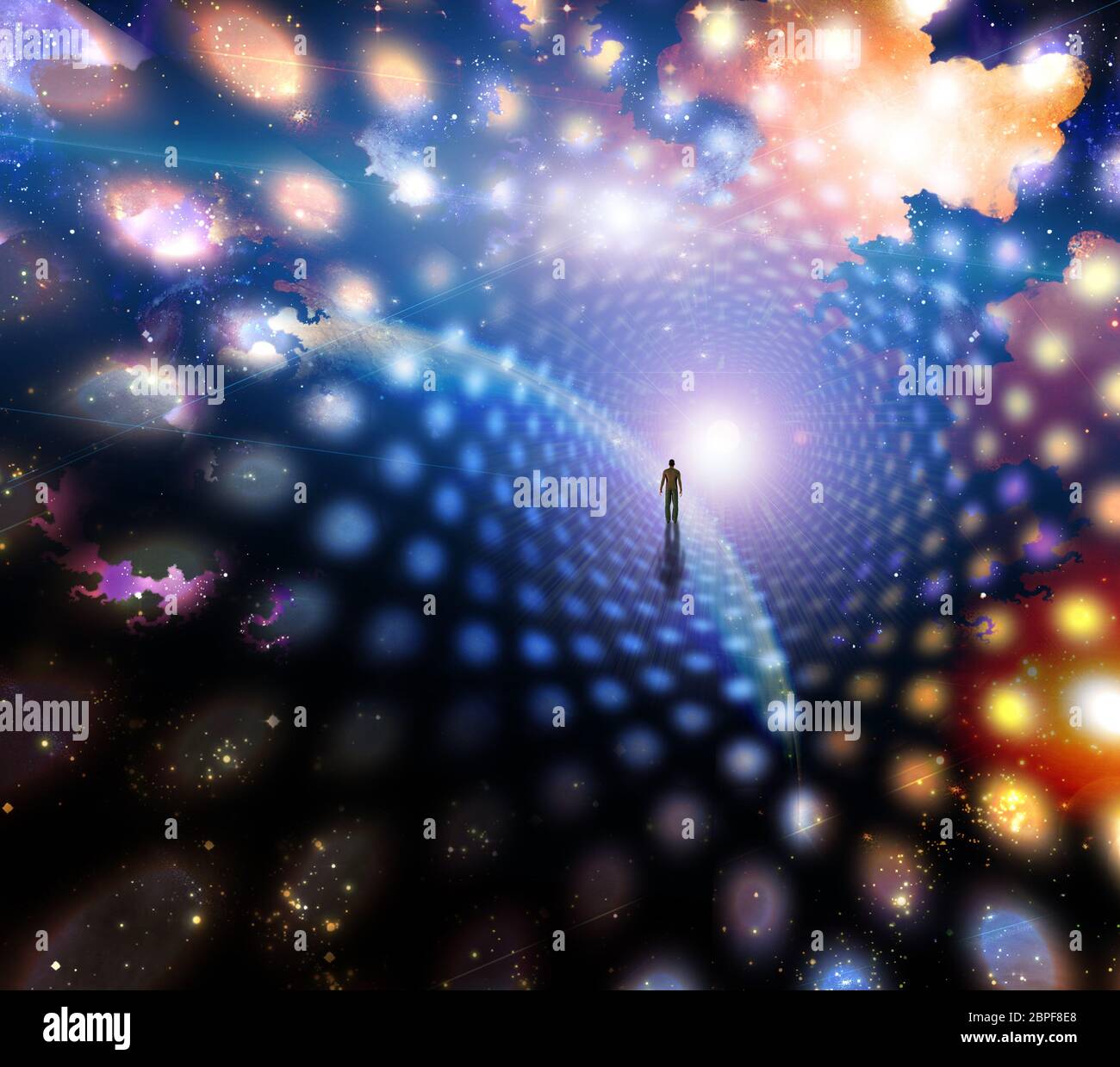 Man path journey to the light. Wormhole in space Stock Photo - Alamy