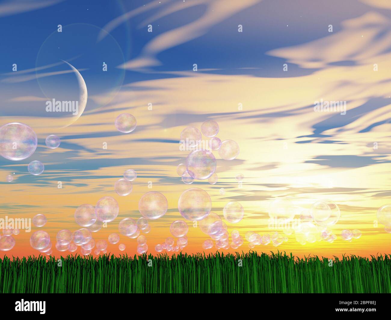 Bubbles floating over green field Stock Photo - Alamy