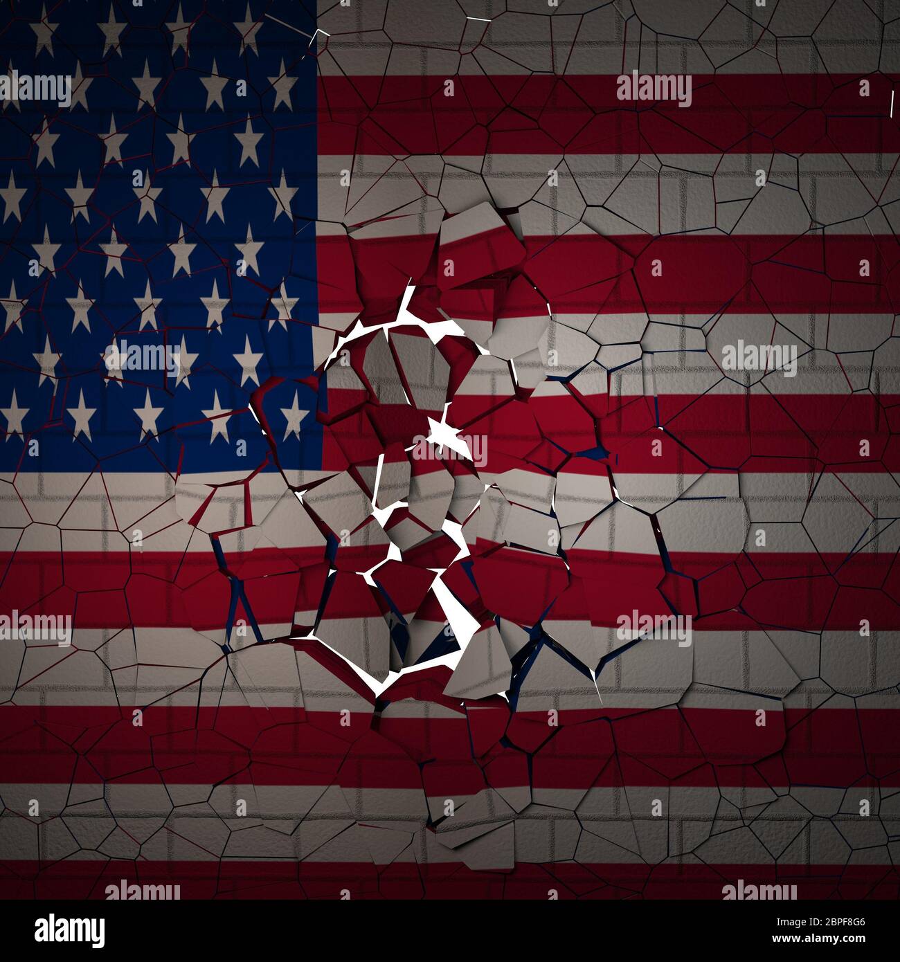 Brick wall with US flag breaking in ruins, 3d rendering Stock Photo - Alamy