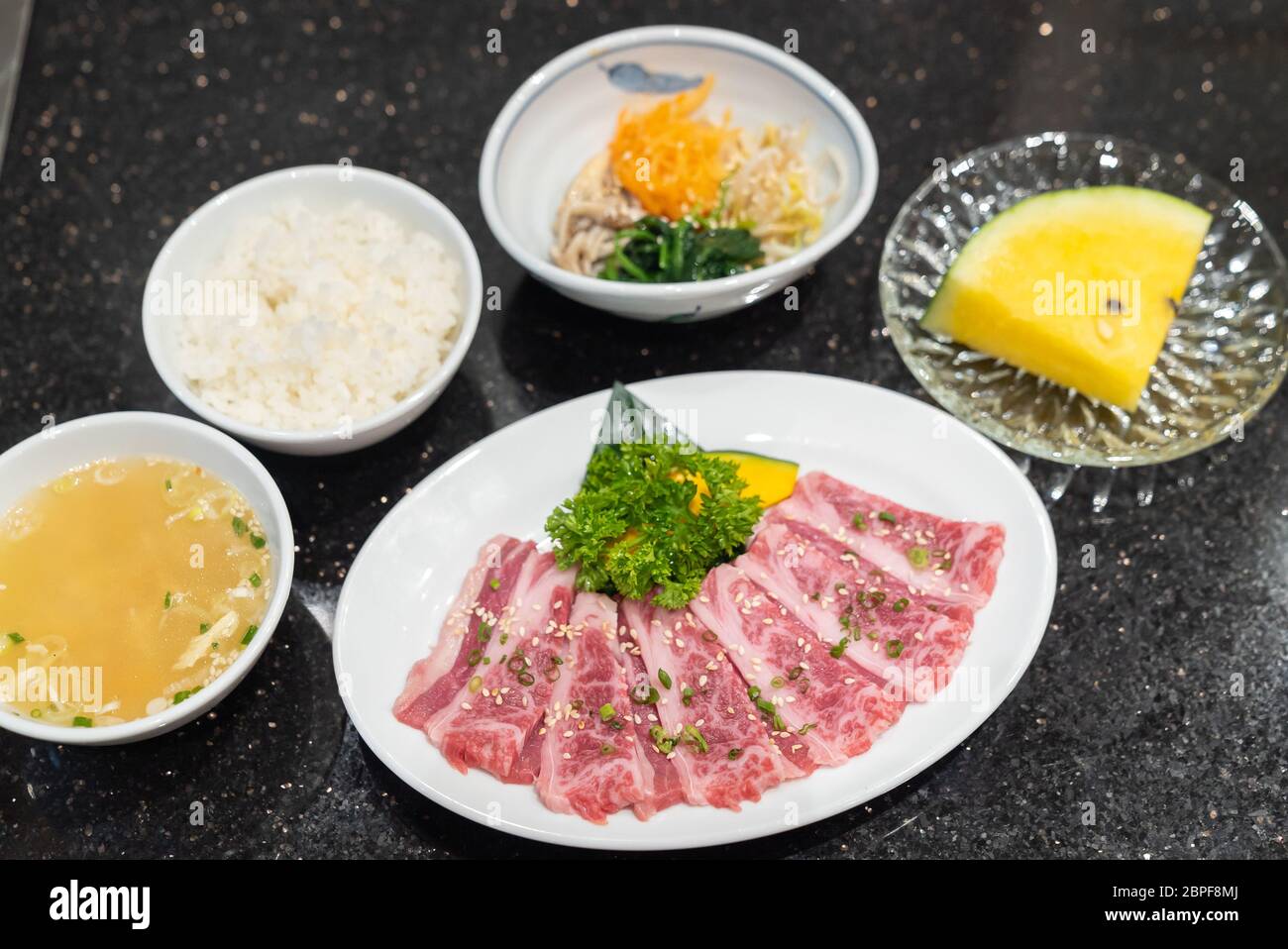 Lunch set of yakiniku japanese grilled wagyu beef cuisine Stock Photo ...