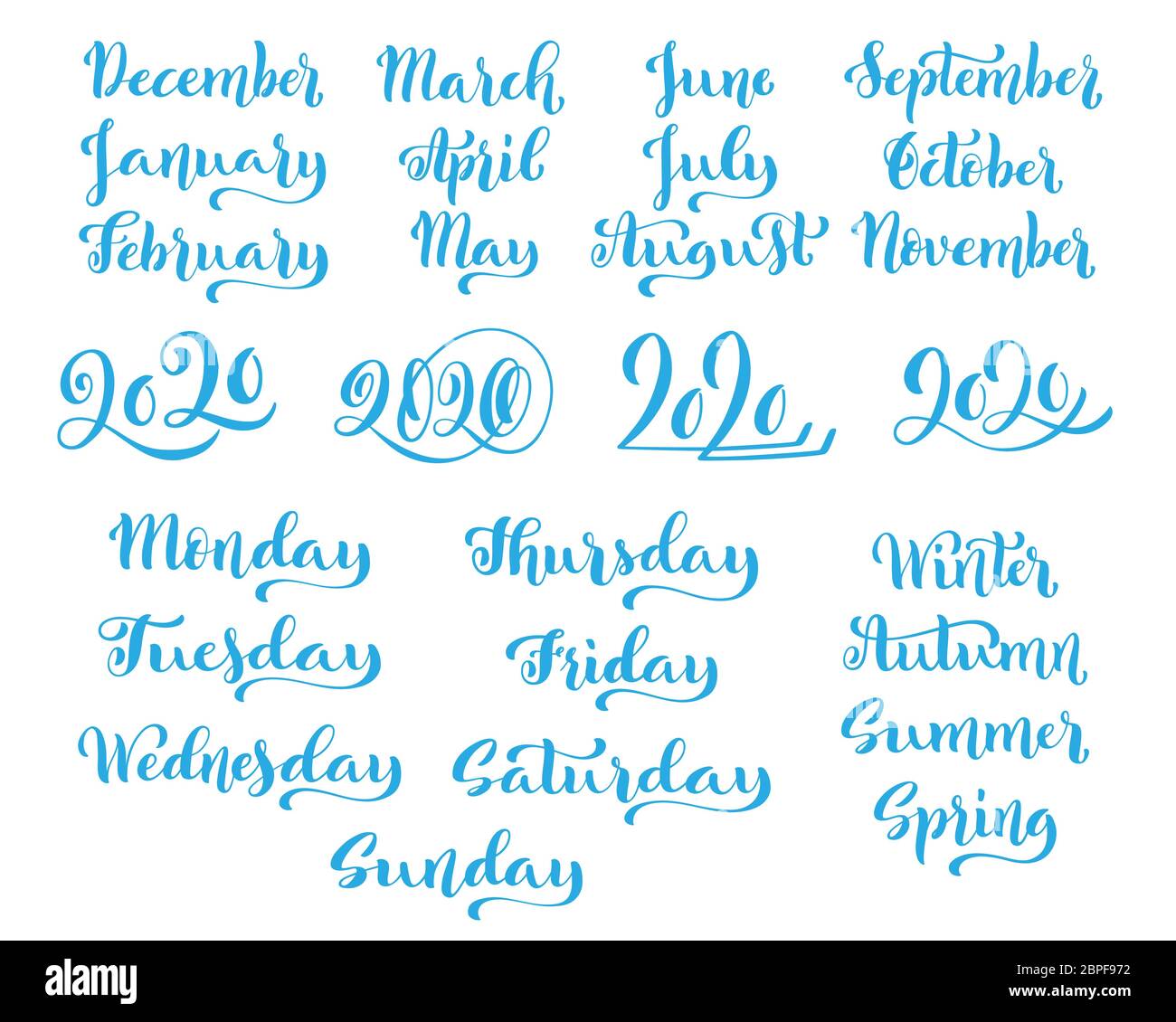 Big vector handdrawn calligraphic monthly set with months, year 2020 ...