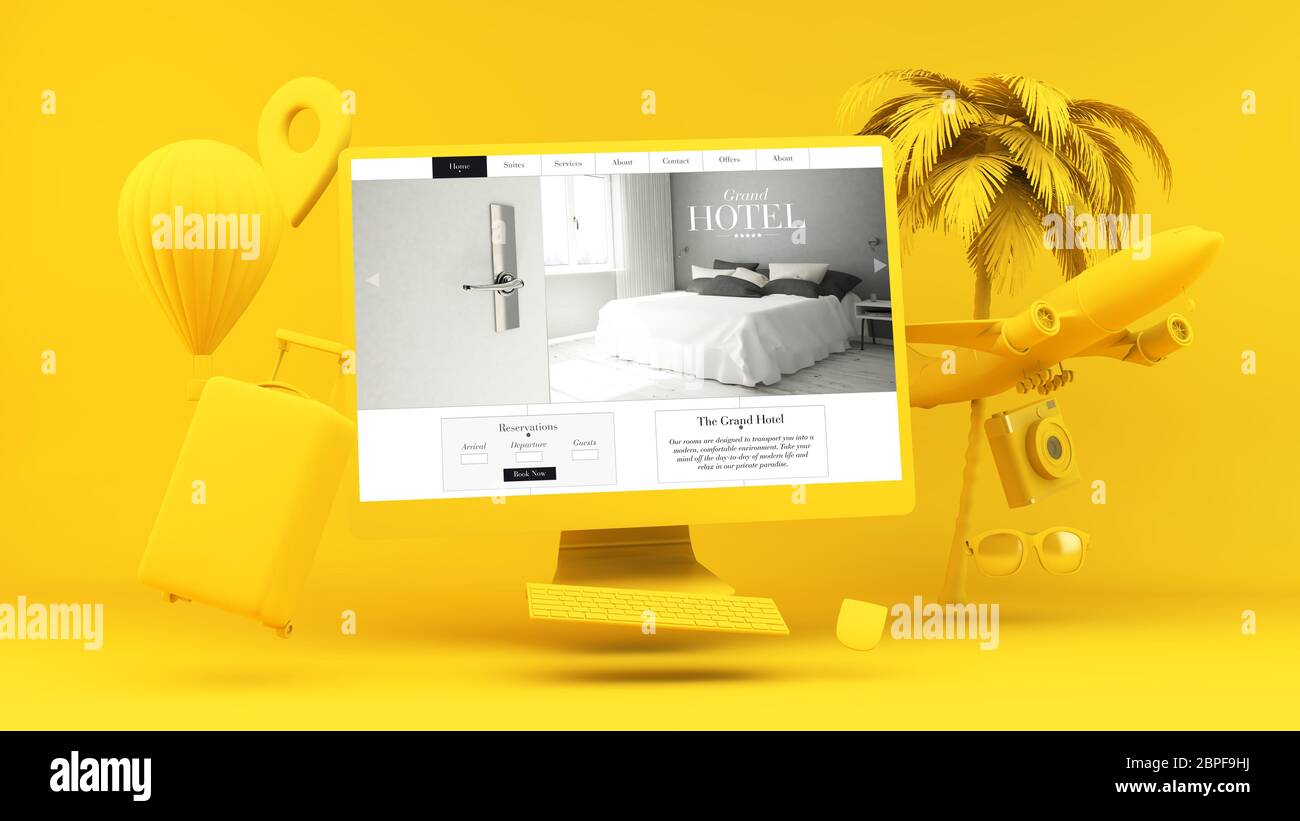 Yellow computer with hotel website 3d rendering concept Stock Photo - Alamy