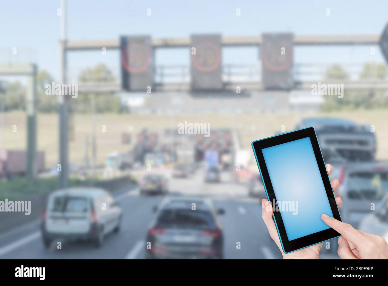 Traffic jam infographic concept. Finger touching tablet blank screen ...