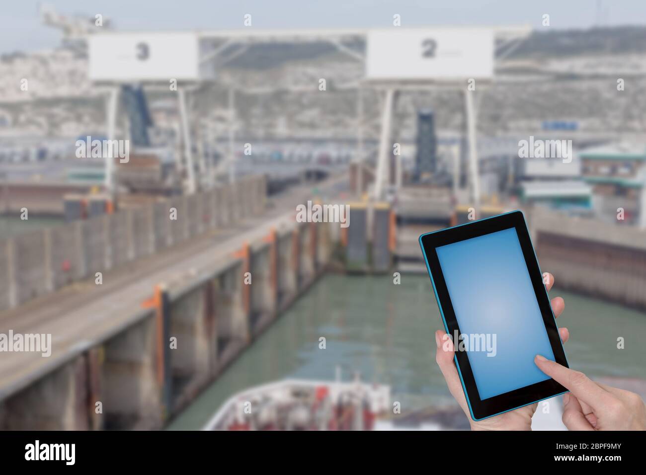 Port of Dover ferry terminal infographic concept. Finger touching ...