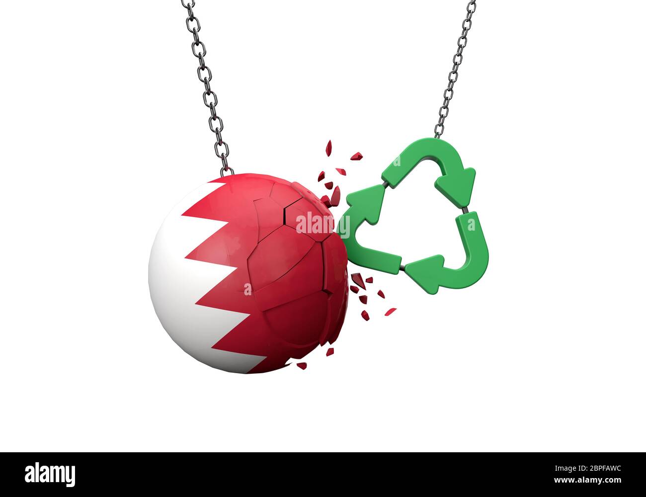 Green recycle symbol crashing into a Bahrain flag ball. 3D Rendering ...