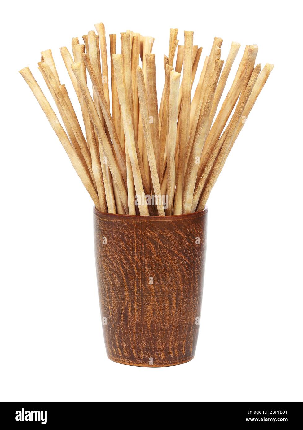 Crispy crunchy long bread sticks in a ceramic cup, isolated on a white ...