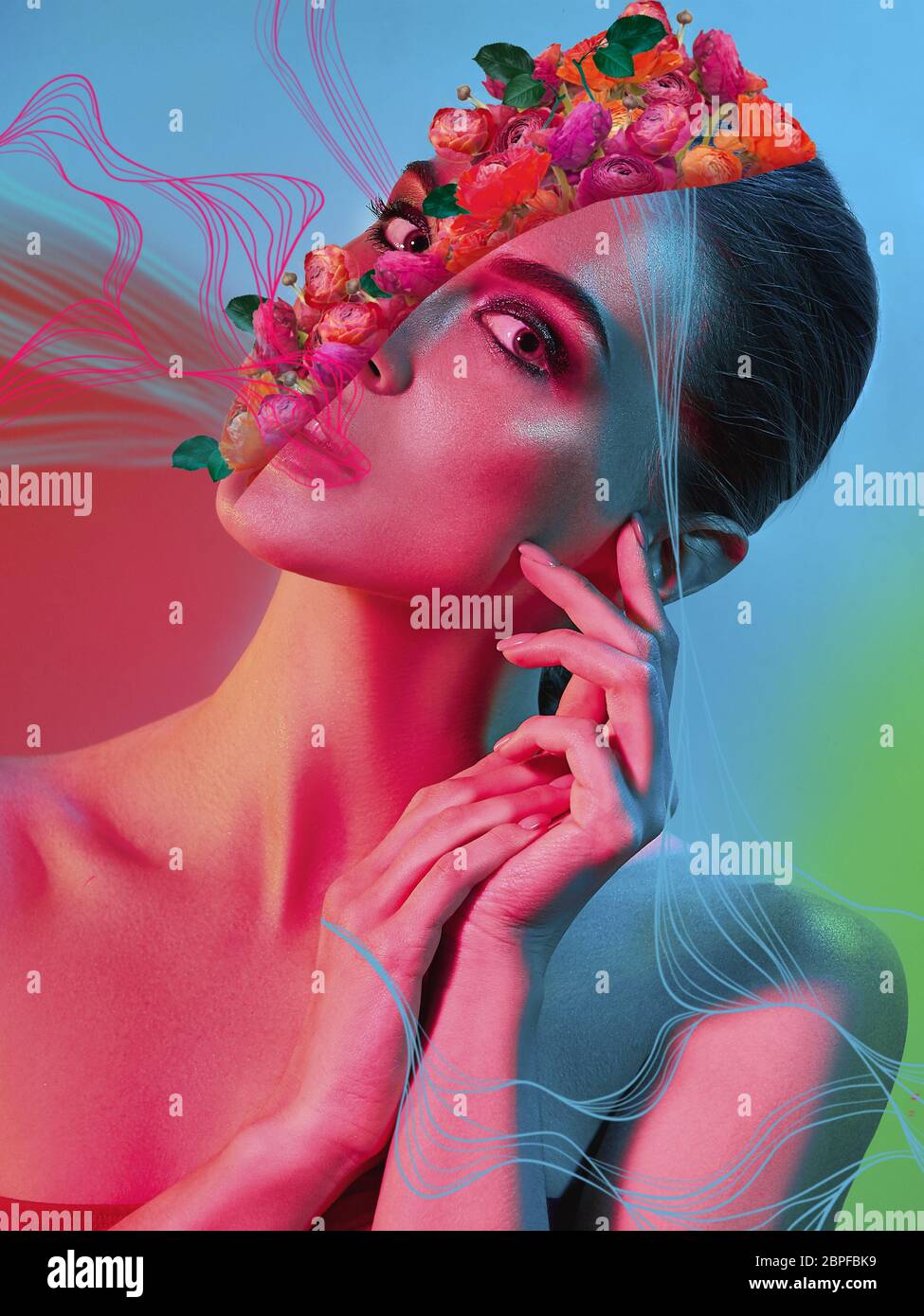 Portrait of beautiful woman with modern floral design, inspiration ...