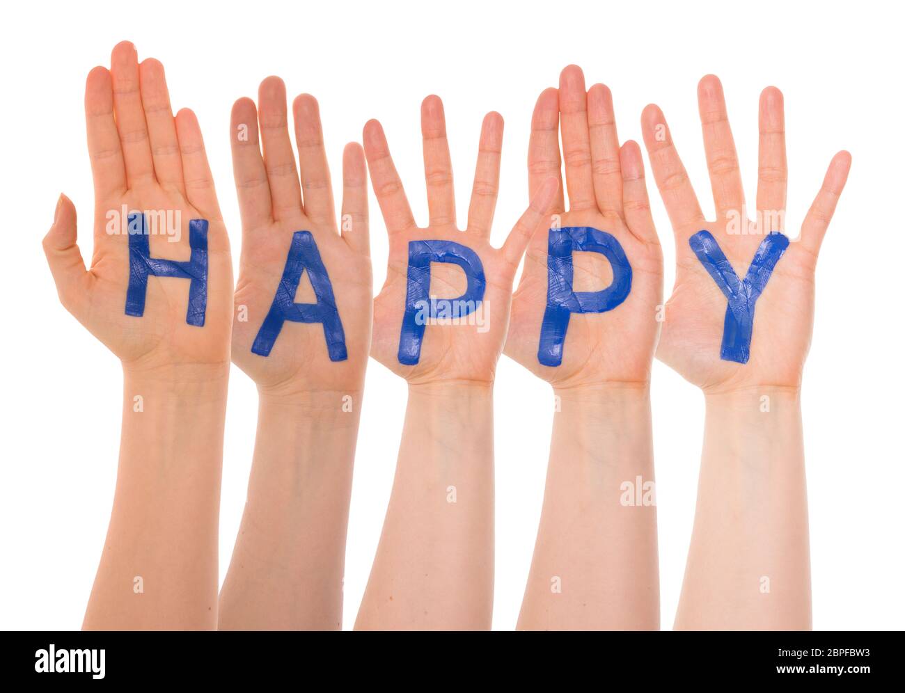 Many Hands Building English Word Happy. Hands Are On White And Isolated ...